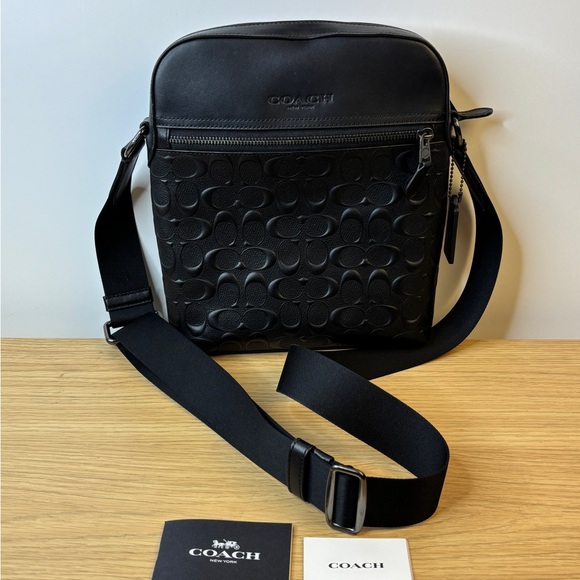 Coach | Bags | Coach Embossed Black Houston Flight Mens Messenger Bag ...